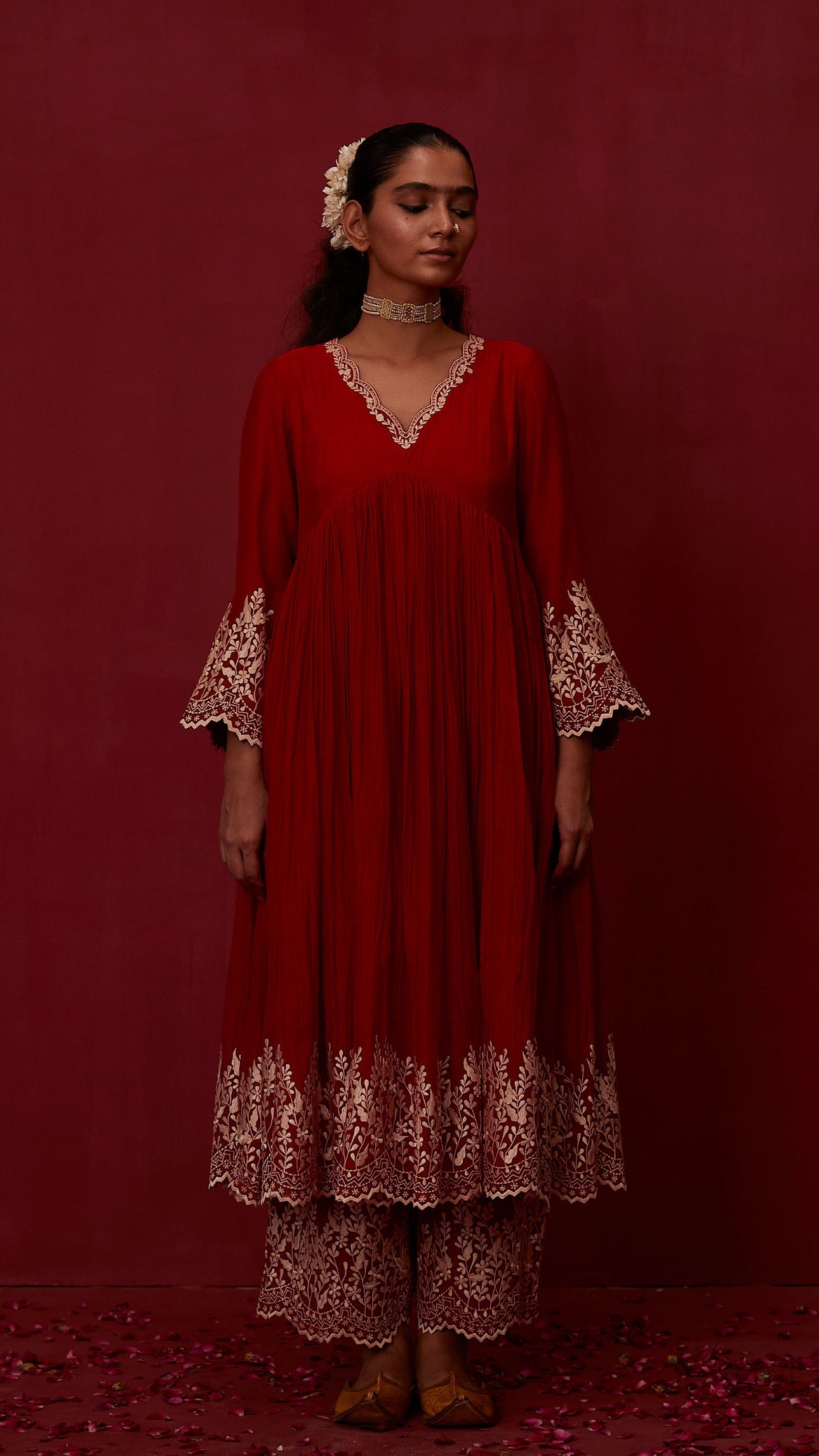 Bright Red embroidered Anarkali set of 3 – Hasli India