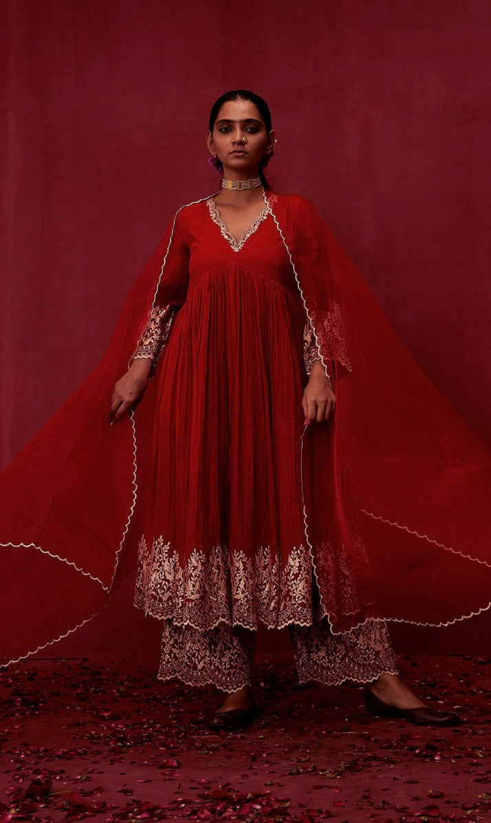 Bright Red embroidered Anarkali set of 3 – Hasli India