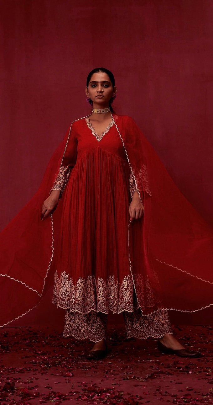 Bright Red embroidered Anarkali set of 3 – Hasli India