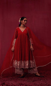 Bright Red embroidered Anarkali set of 3 – Hasli India