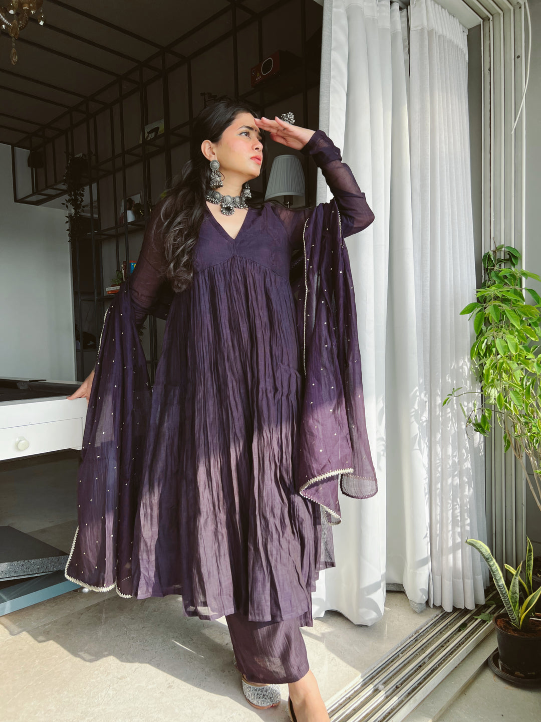 Purple chanderi anarkali with churi sleeves Set of 3 – Hasli India