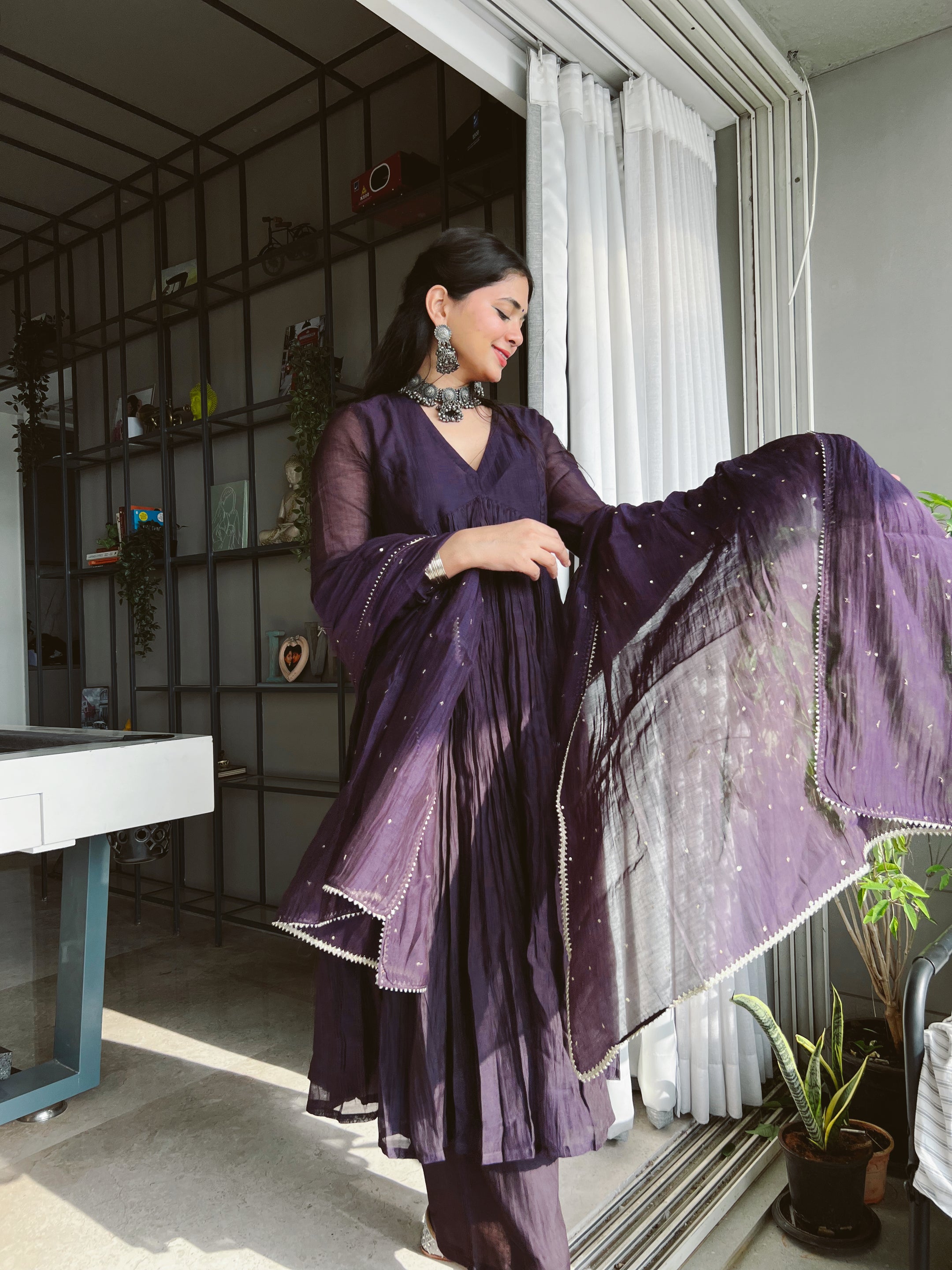 Purple chanderi anarkali with churi sleeves Set of 3 – Hasli India
