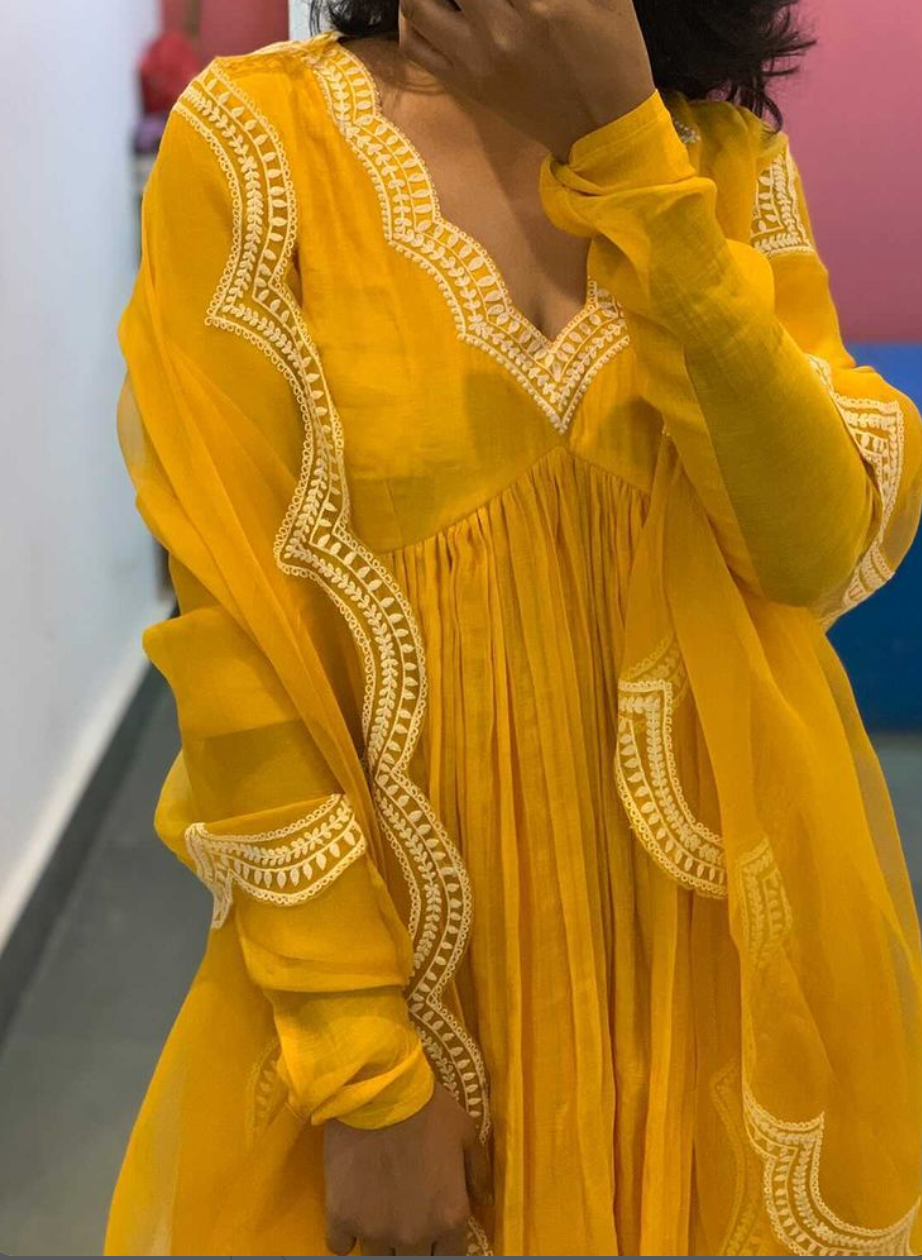 Yellow chanderi anarkali with churi sleeves Set of 3 – Hasli India